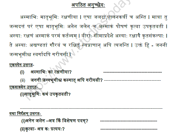CBSE Class 9 Sanskrit Apathit Anuched Practice Worksheet